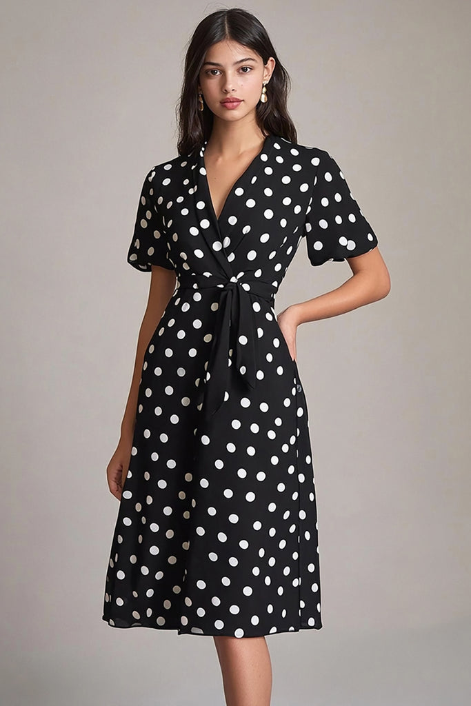 Zapaka Women Black White Polka Dots Dress with Sash A-Line V-Neck ...