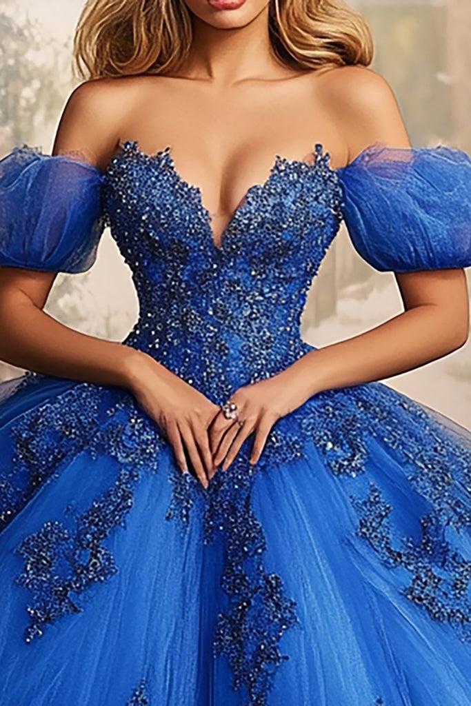 ZAPAKA Women Ball Gown Tulle Quinceanera Dress Off the Shoulder Royal Blue Appliqued Beaded ...