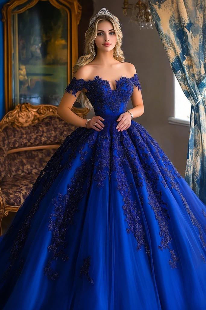 ZAPAKA Women Ball Gown Quinceanera Dress Royal Blue Off the Shoulder Appliqued Lace Sweet 16 Dress