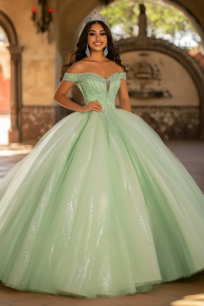Zapaka Women Glitter Light Green Long Quinceanera Dress with Appliques ...