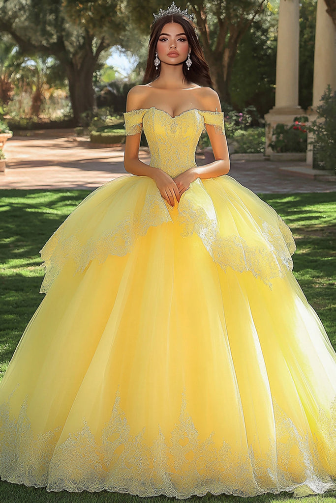Zapaka Women Yellow Long Tulle Appliqued Quinceanera Dress with Ruffles ...