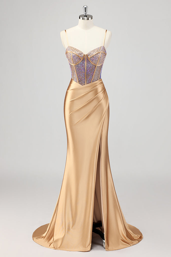 ZAPAKA Women Sparkly Prom Dress with Slit Mermaid Corset Gold Satin Spaghetti Straps Long Party ...