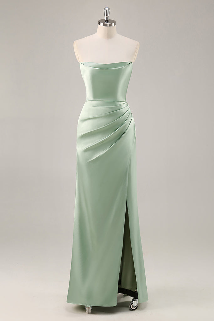 Zapaka Women Sage Green Satin Bridesmaid Dress Strapless Mermaid Ruched Backless Long Wedding ...