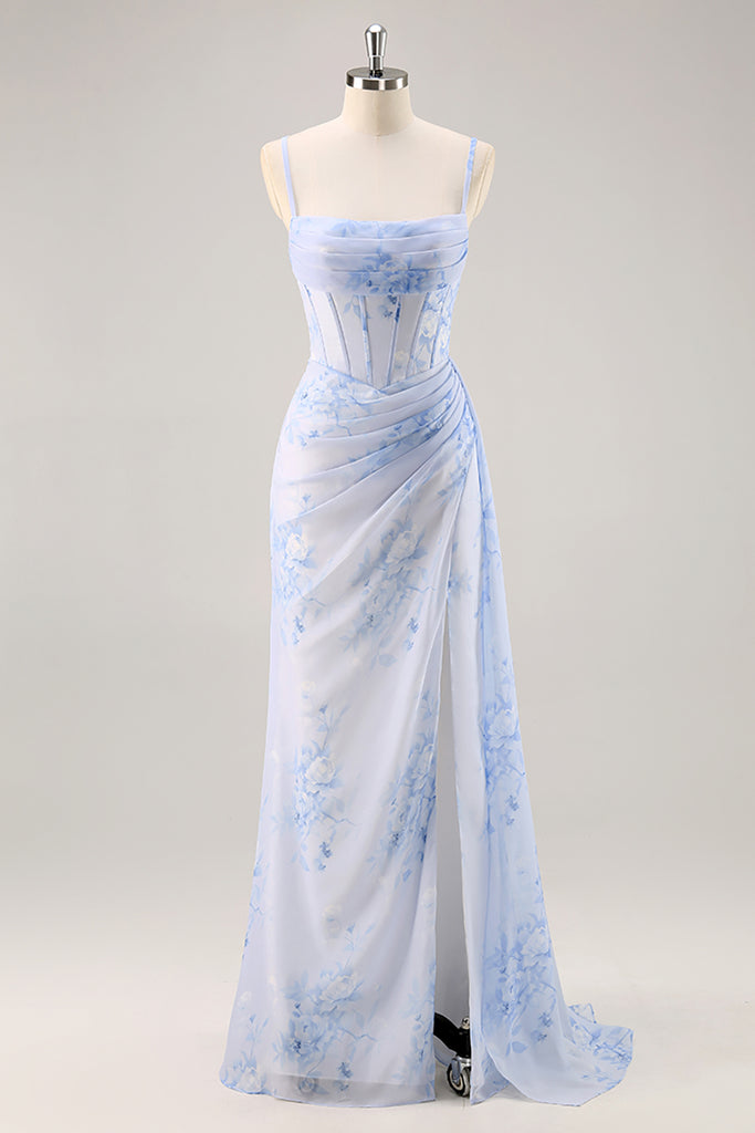 Zapaka Women Blue Floral Bridesmaid Dress Corset Mermaid Spaghetti ...