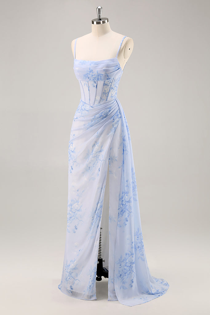 Zapaka Women Blue Floral Bridesmaid Dress Corset Mermaid Spaghetti ...