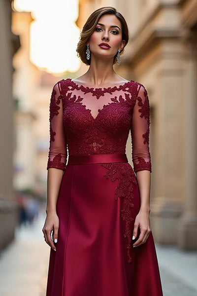 Zapaka Women Dark Red Long Mother of the Bride Dress with Lace ...