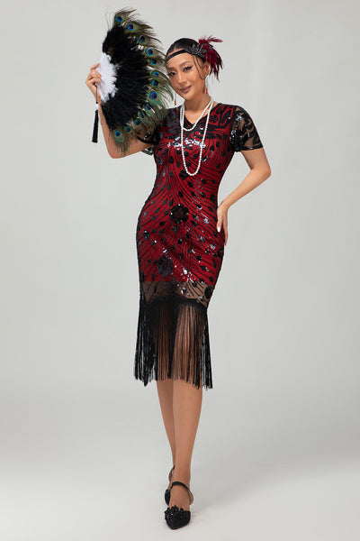 ZAPAKA Women Black Red 1920s Dress Fringed Sequins Flapper Dress with ...