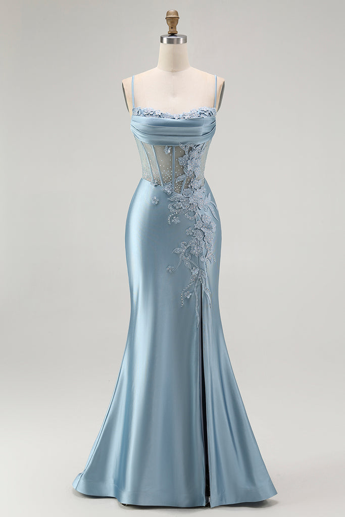 Zapaka Women Grey Blue Long Prom Dress with Slit Mermaid Beaded ...