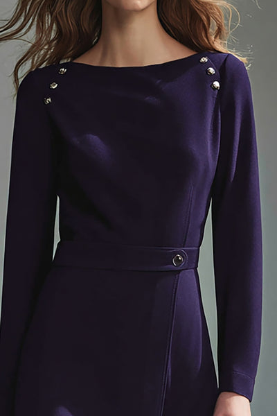 Zapaka Women Purple Work Dress Boat Neck Long Sleeve Midi Semi Formal ...