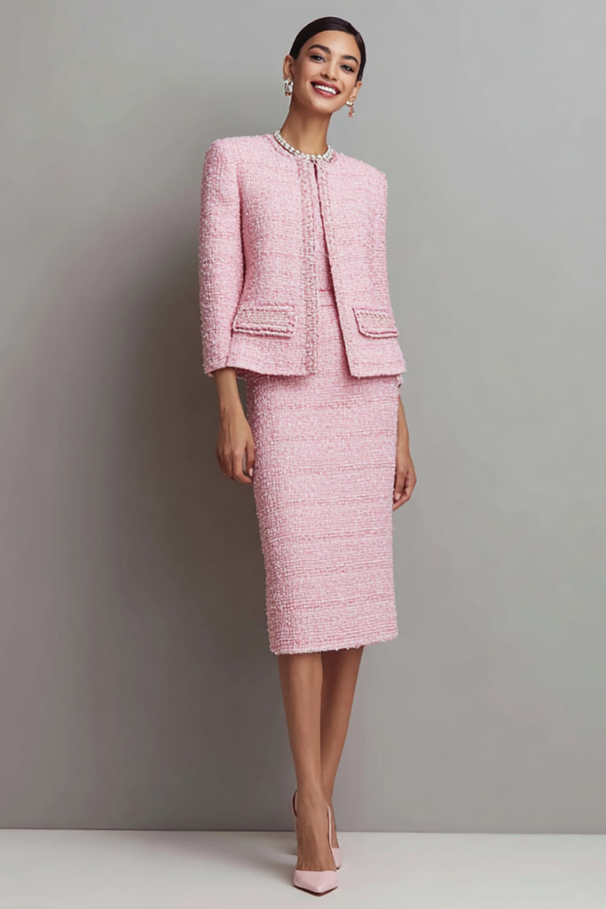 Zapaka Women Pink Work Dress Sheath Tweed 2-piece Midi Long Sleeve Semi ...