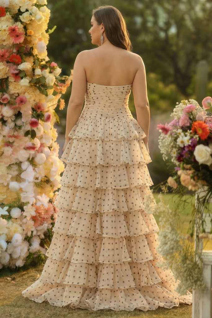 Zapaka Women Apricot Black Dot Plus Size Long Prom Dress with Slit ...