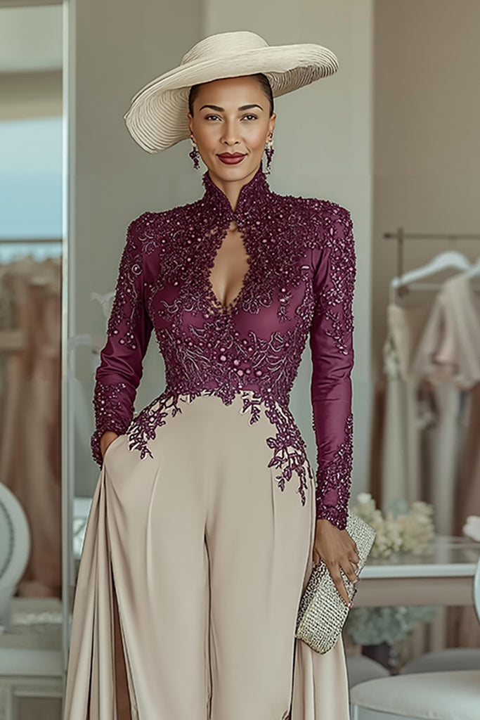 Zapaka Women Purple Apricot Mother of the Bride Jumpsuits with Keyhole ...