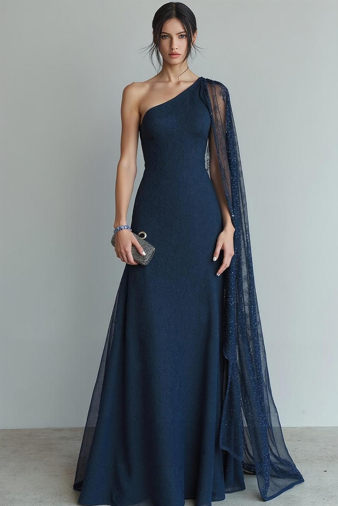 Zapaka Women Navy Long Formal Dress with Cape Sheath One Shoulder ...