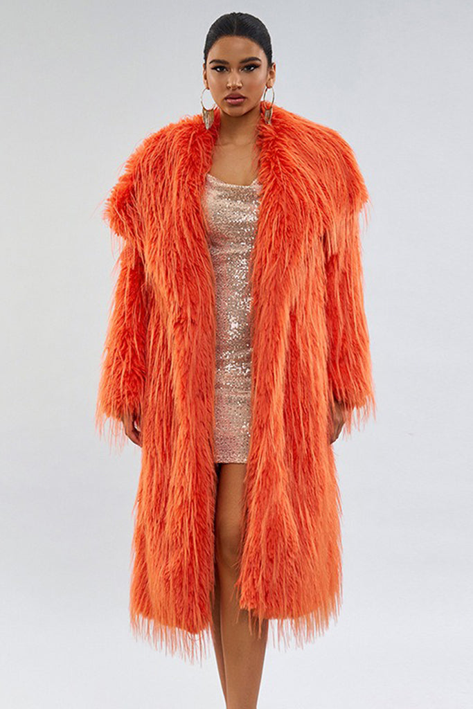 Zapaka Orange Women Coat Fluffy Faux Fur Open Front Long Winter ...