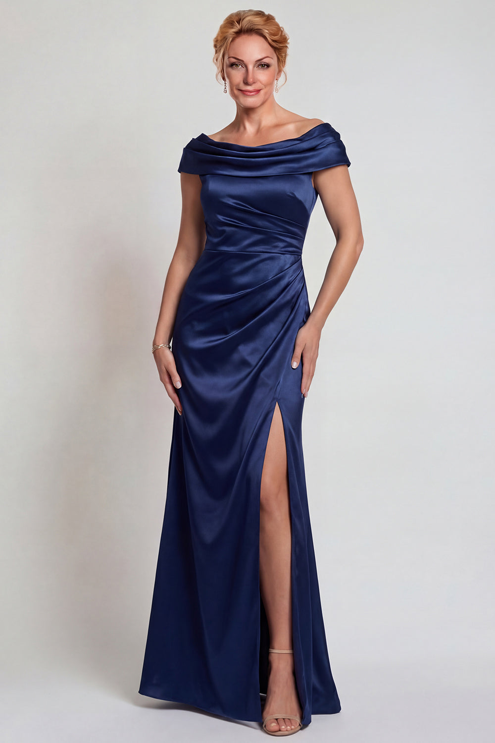 Zapaka Women Navy Satin Off the Shoulder Sheath Mother of the Bride ...
