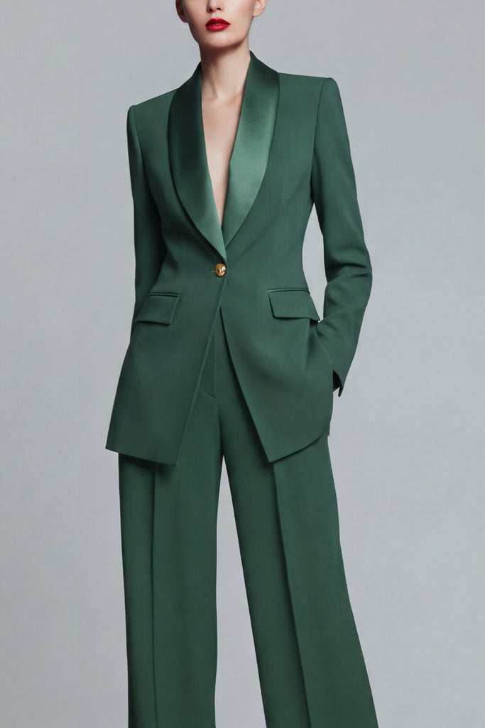 Zapaka Women Dark Green 2 Piece Work Suits with Pockets Shawl Lapel One ...
