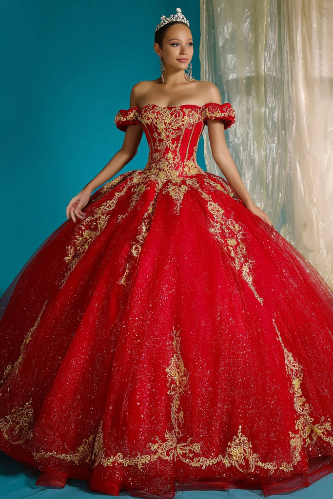 Zapaka Women Red Quinceanera Dress Off The Shoulder Ball-Gown Appliqued ...