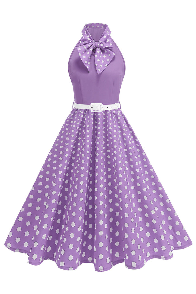 Zapaka Women High Neck 1950s Dress with Belt Green Polka Dots A Line ...