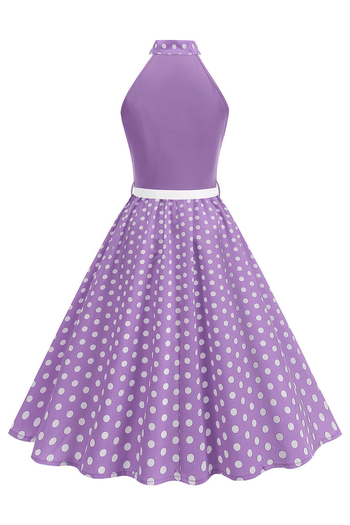 Zapaka Women High Neck 1950s Dress with Belt Green Polka Dots A Line ...