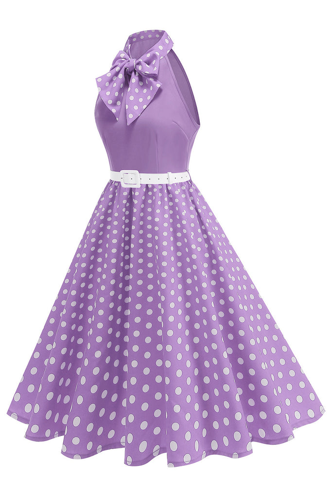 Zapaka Women High Neck 1950s Dress with Belt Green Polka Dots A Line ...