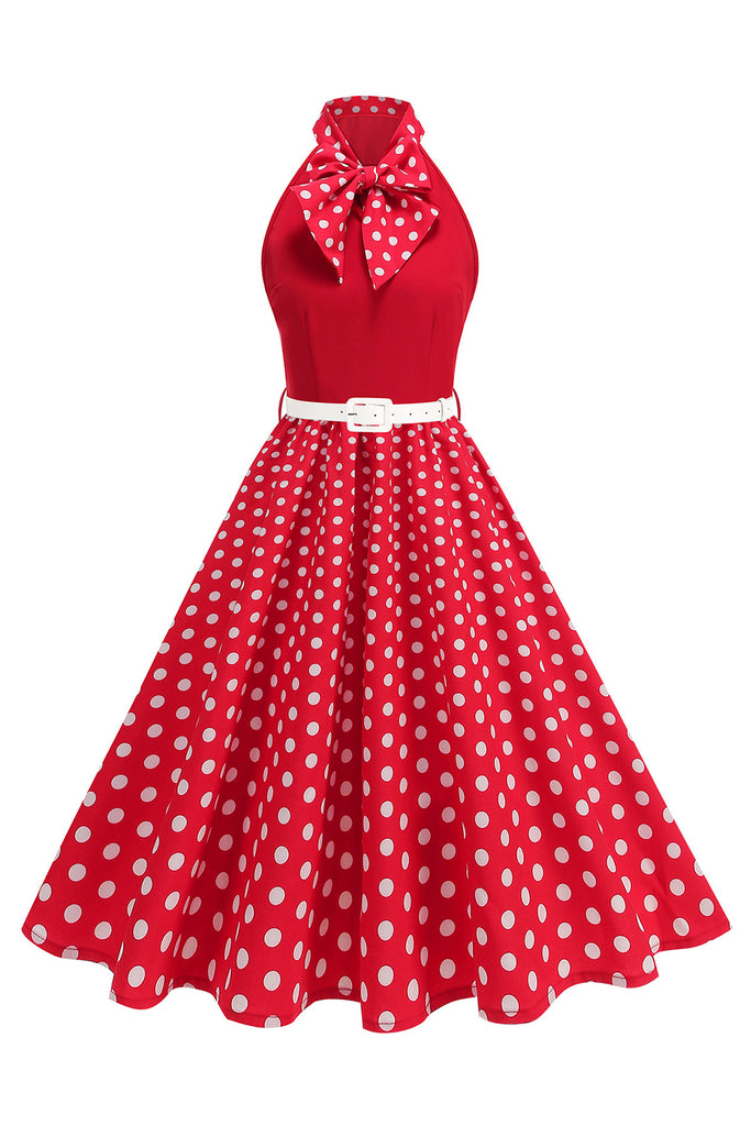 Zapaka Women High Neck 1950s Dress with Belt Green Polka Dots A Line ...