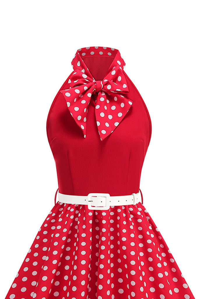 Zapaka Women High Neck 1950s Dress with Belt Green Polka Dots A Line ...