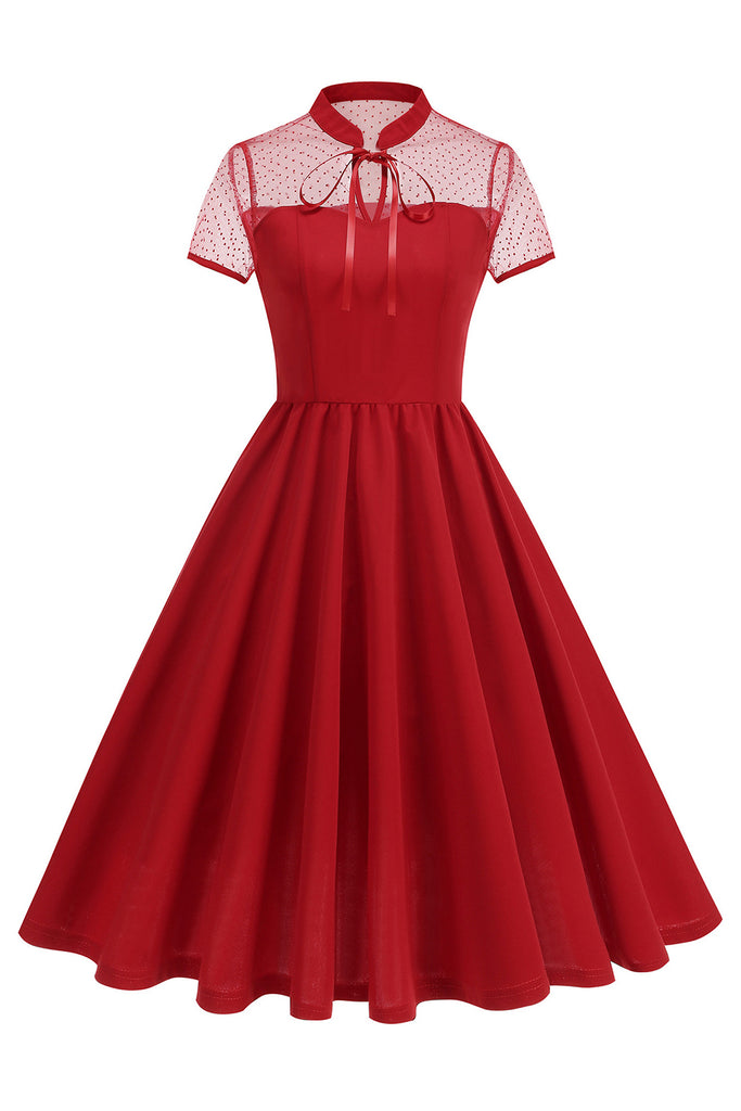 Zapaka Women High Neck 1950s Dress with Bow Black Short Sleeve Polka ...