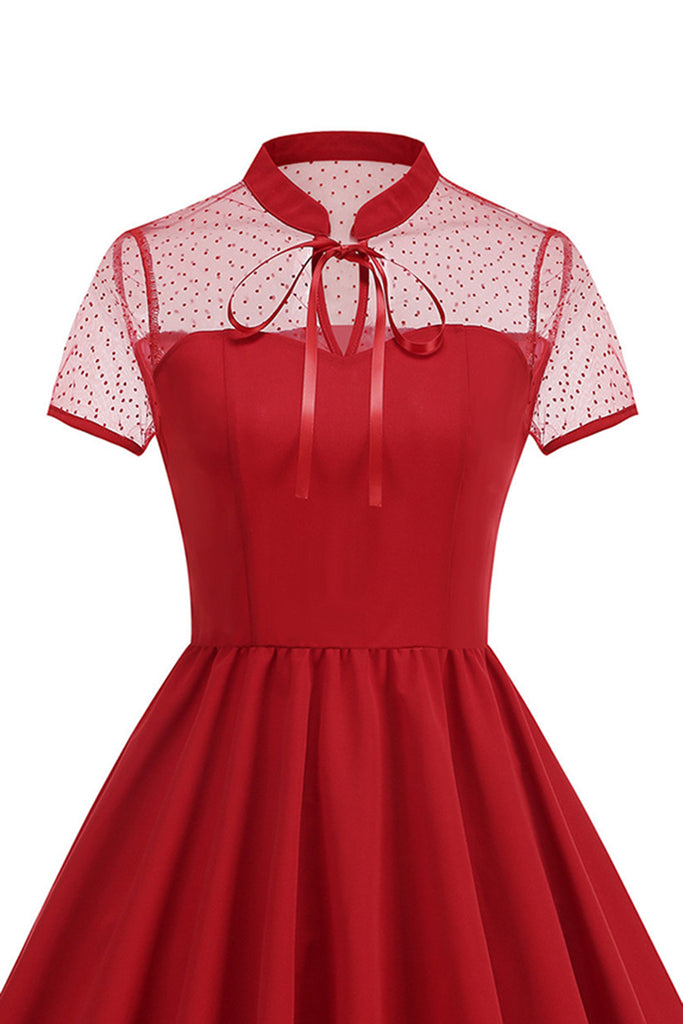 Zapaka Women High Neck 1950s Dress with Bow Black Short Sleeve Polka ...