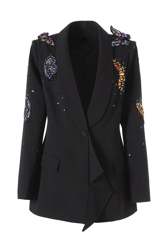 Zapaka Women Black Beaded Blazer Appliqued One Button Shawl Lapel Prom ...