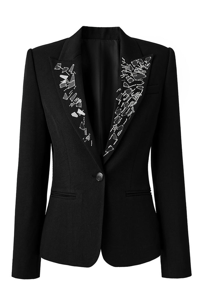 Zapaka Women Black Mirror Blazer Beaded One Button Peak Lapel Prom ...
