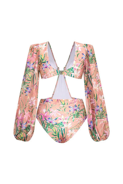 Zapaka Women Pink Flower Swimwear with Ruffles 2 Piece V-Neck Cut Out ...