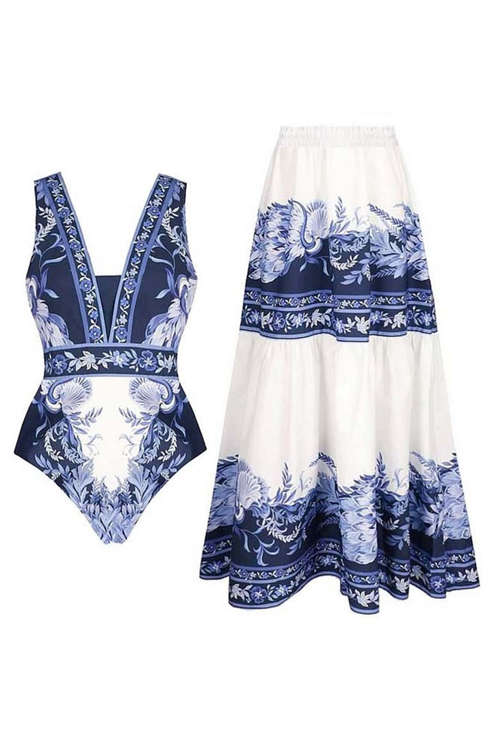 Zapaka Women White and Blue Swimwear with Cover Up V-Neck Print Flower ...