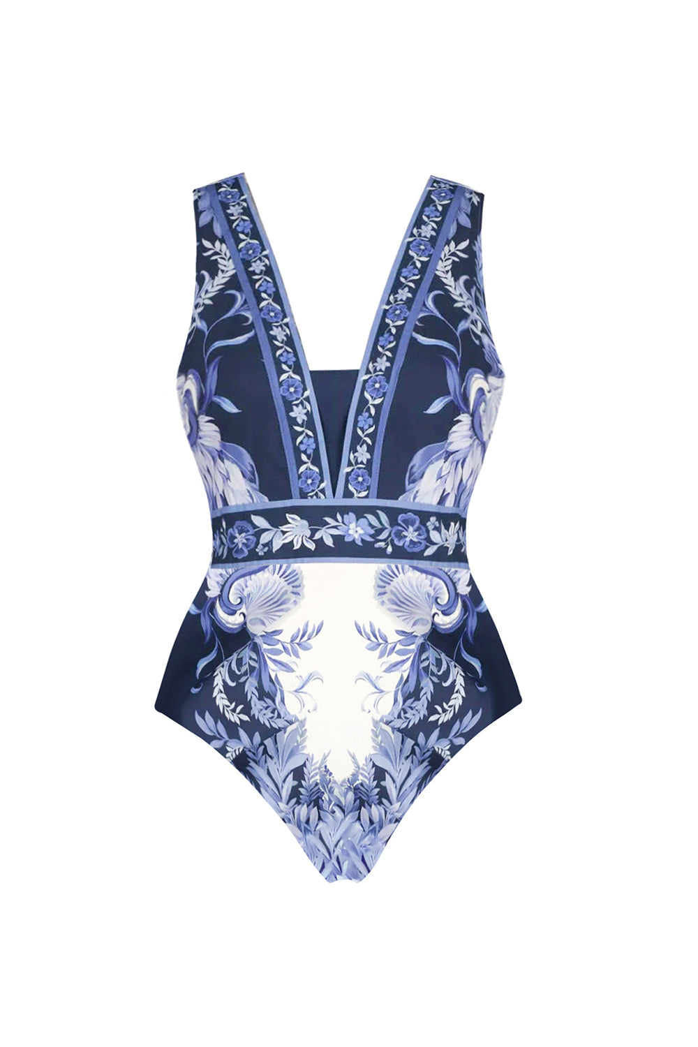 Zapaka Women White and Blue Swimwear with Cover Up V-Neck Print Flower ...