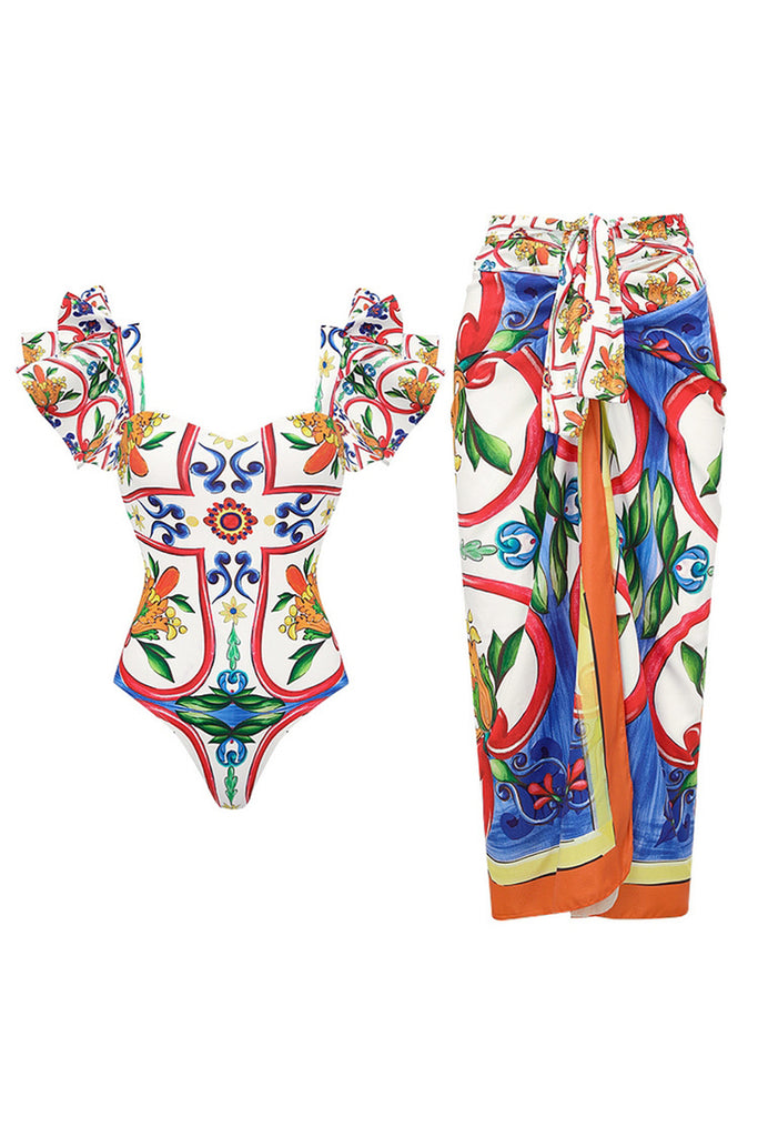 ZAPAKA Women Orange Blue Vintage Swimsuit 2 Piece Print Flutter Sleeves ...