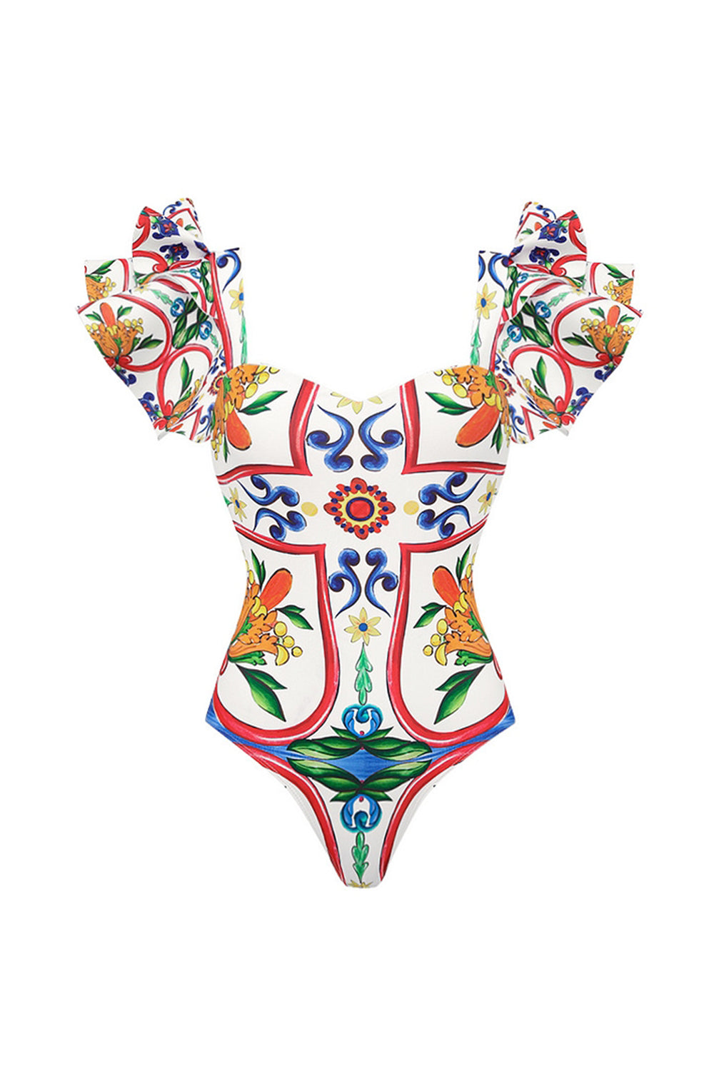 ZAPAKA Women Orange Blue Vintage Swimsuit 2 Piece Print Flutter Sleeves ...