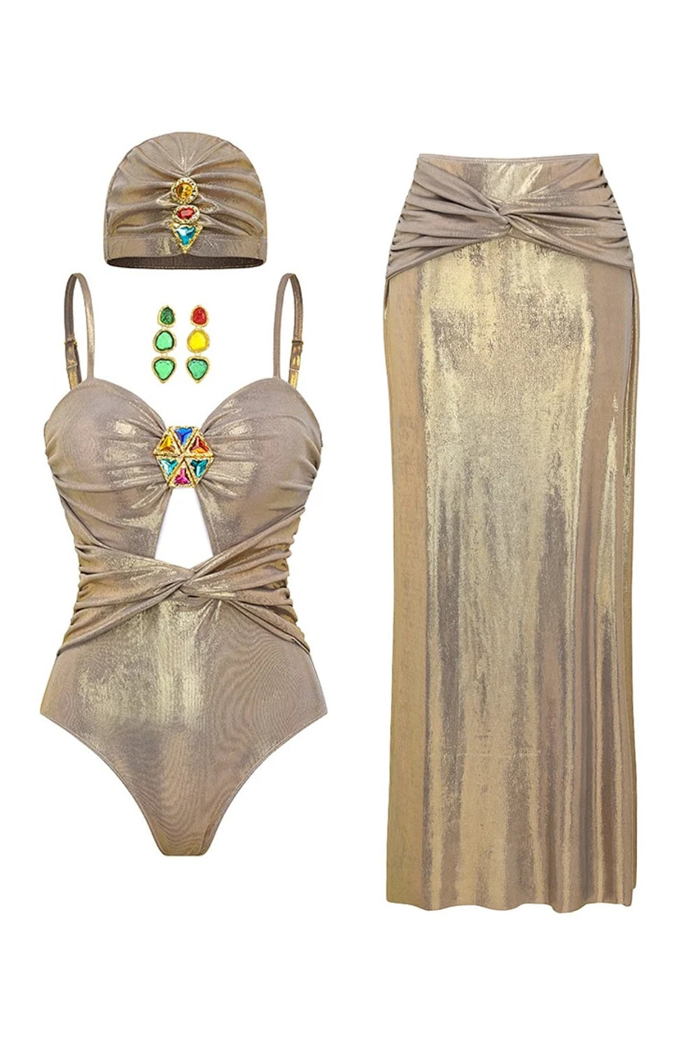 Zapaka Women Metallic Golden Swimsuit with Cover Up 4 Piece Spaghetti ...