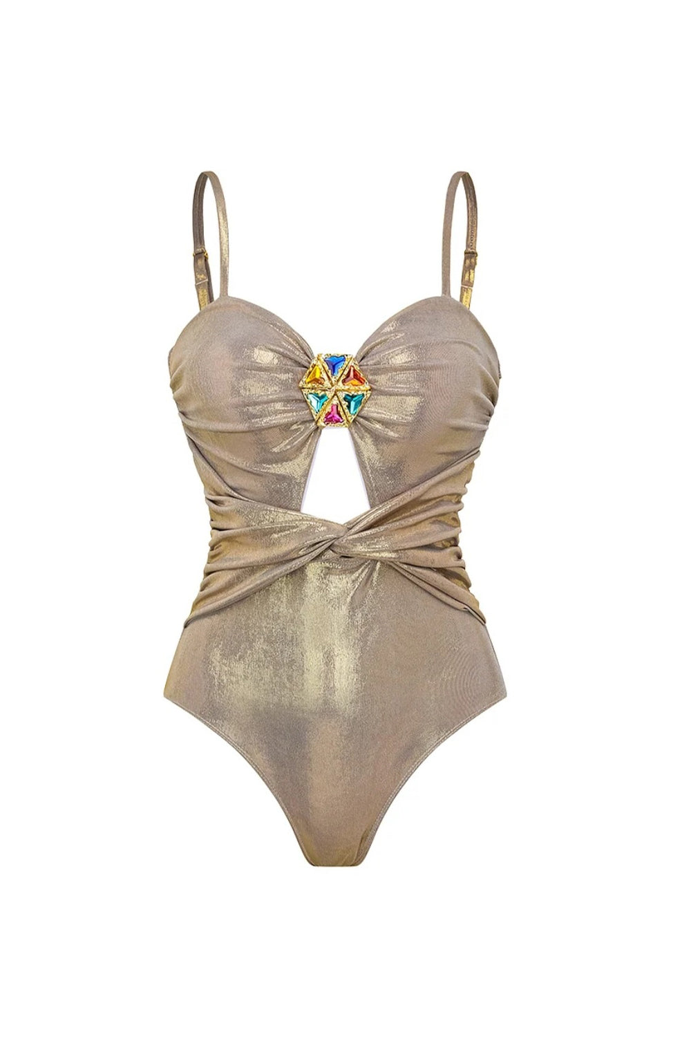 Zapaka Women Metallic Golden Swimsuit with Cover Up 4 Piece Spaghetti ...