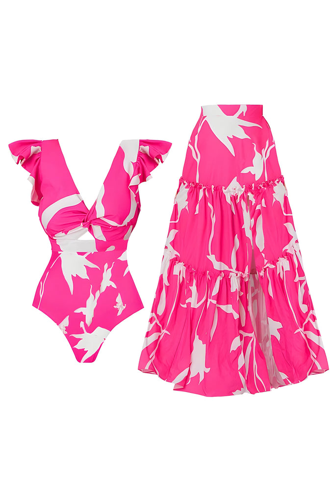 Zapaka Women Fuchsia 2 Piece Swimsuit with Cover Up Print V-Neck ...