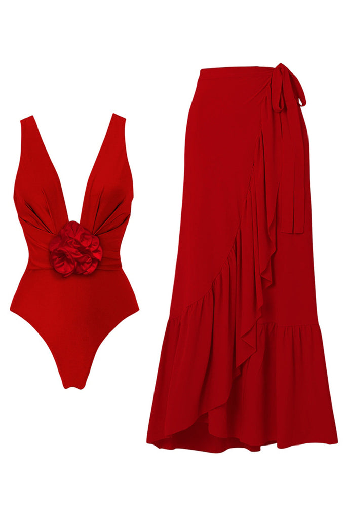 Zapaka Women Red 2 Piece Swimsuit with 3D Flower V-Neck Ruffled ...
