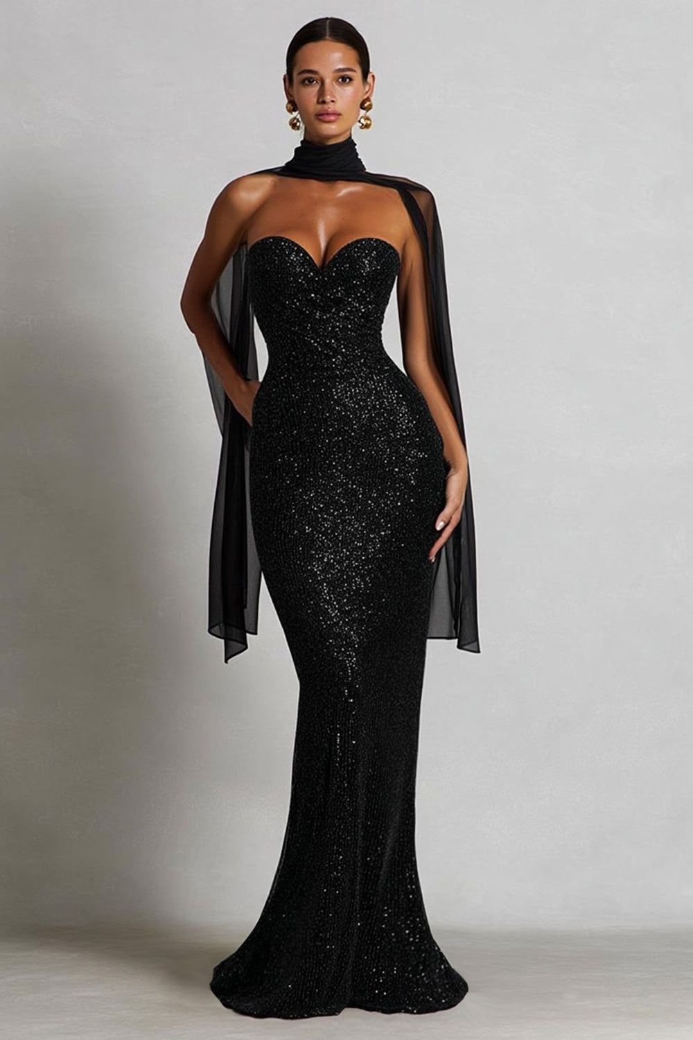 ZAPAKA Women Sparkly Mermaid Long Black Tie Dress with a Neck Sacrf ...