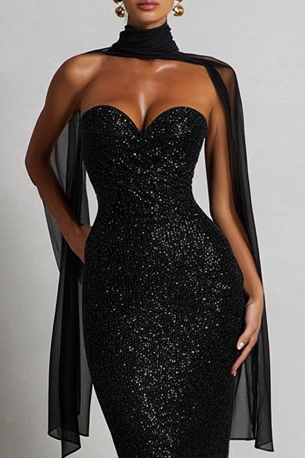ZAPAKA Women Sparkly Mermaid Long Black Tie Dress with a Neck Sacrf ...