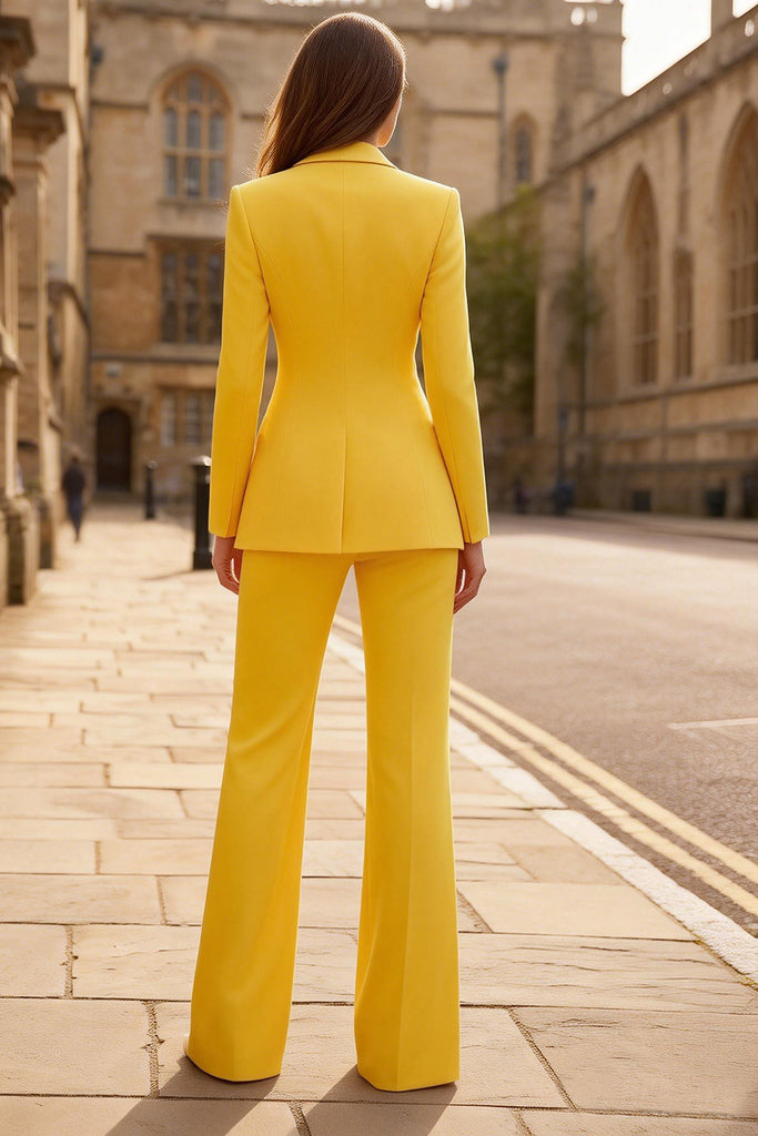 Zapaka Women Yellow Work Suits 2 Piece Peak Lapel Single Breasted ...