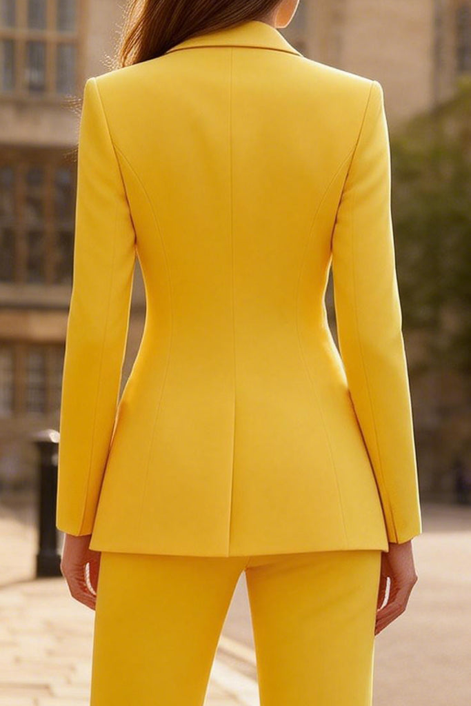 Zapaka Women Yellow Work Suits 2 Piece Peak Lapel Single Breasted ...