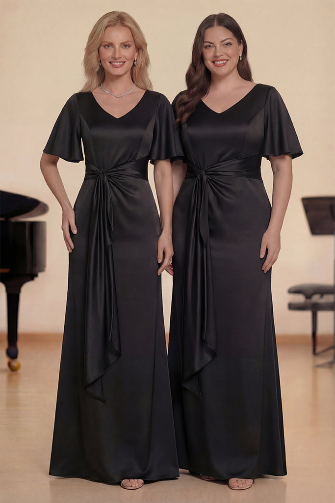 ZAPAKA Women Black Long Satin Choir Dress A Line V-Neck Short Sleeves ...