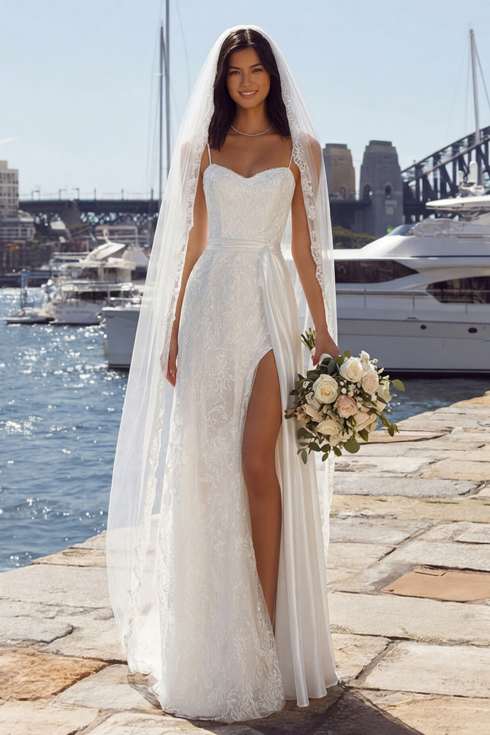 Zapaka Women Ivory Lace Sheath Wedding Dress Satin Spaghetti Straps ...