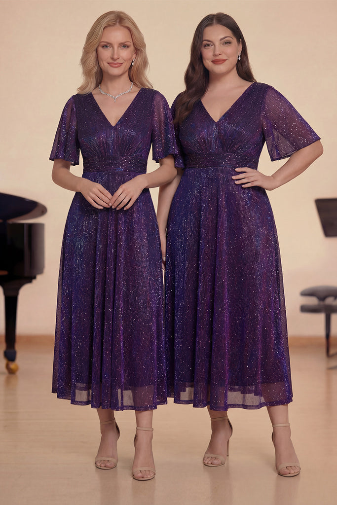 ZAPAKA Women Glitter Purple Midi Choir Dress A-Line V-Neck Semi Formal ...
