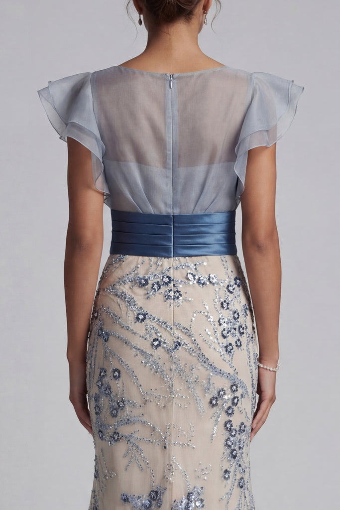 Zapaka Women Dusty Blue Floral Long Mother of the Bride Dress Short ...