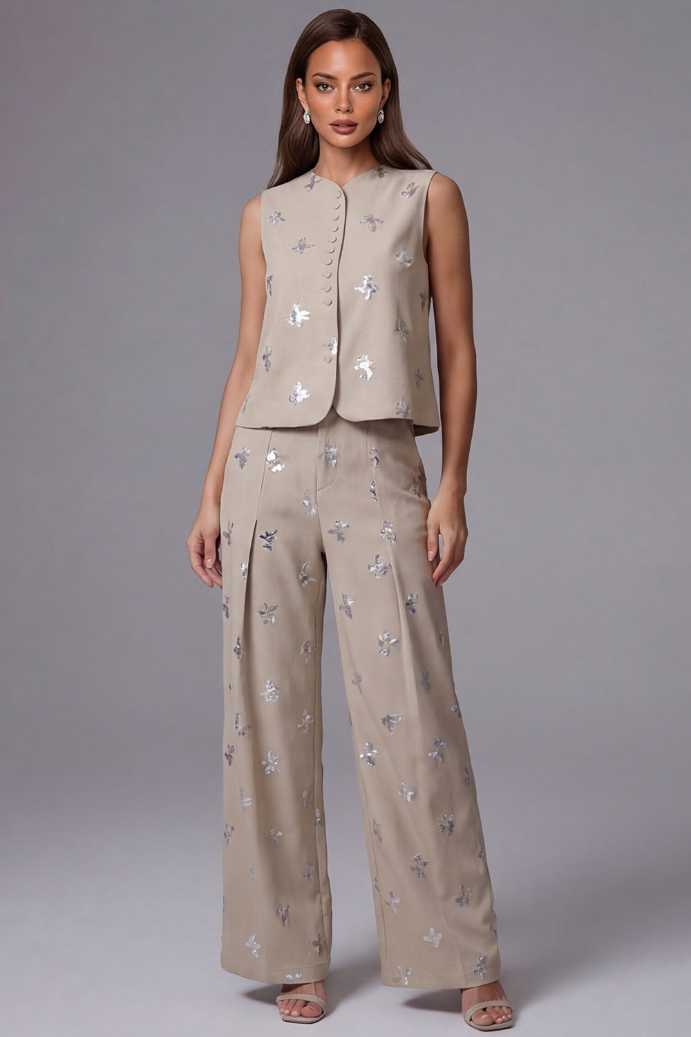 Zapaka Women Sparkly Work Suits Khaki Single-Breasted Two-Piece Sequin ...