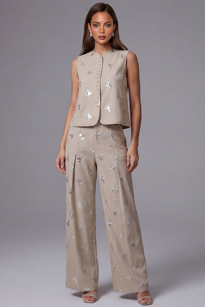 Zapaka Women Sparkly Work Suits Khaki Single-Breasted Two-Piece Sequin ...