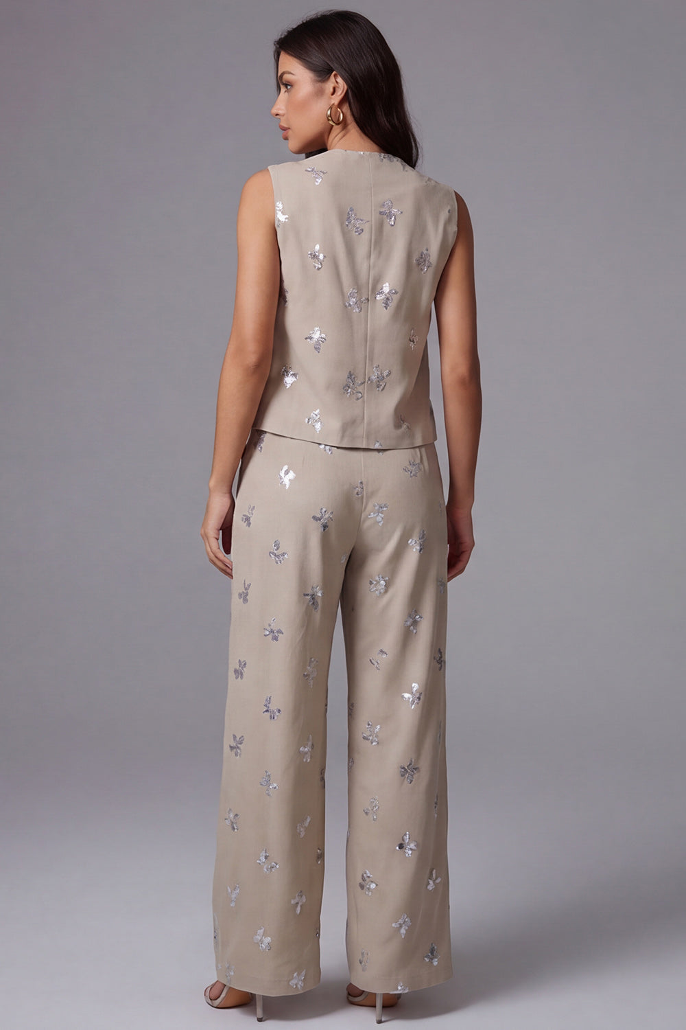 Zapaka Women Sparkly Work Suits Khaki Single-Breasted Two-Piece Sequin ...